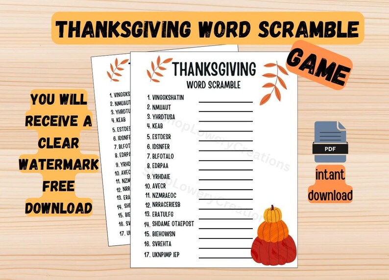 Printable THANKSGIVING Themed WORD SCRAMBLE Game, Fall Word Scramble ...