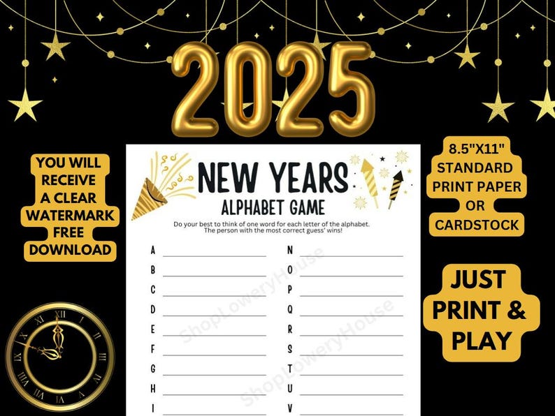 Printable NEW YEARS Alphabet Challenge Game, New Years Game, New Years ...