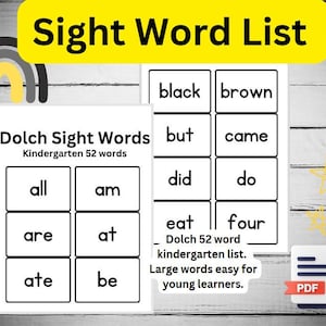 Dolch SIGHT WORDS Kindergarten 52-word List, Good for Homeschooling ...