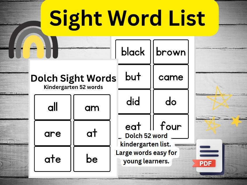 Dolch SIGHT WORDS Kindergarten 52-word List, Good for Homeschooling ...