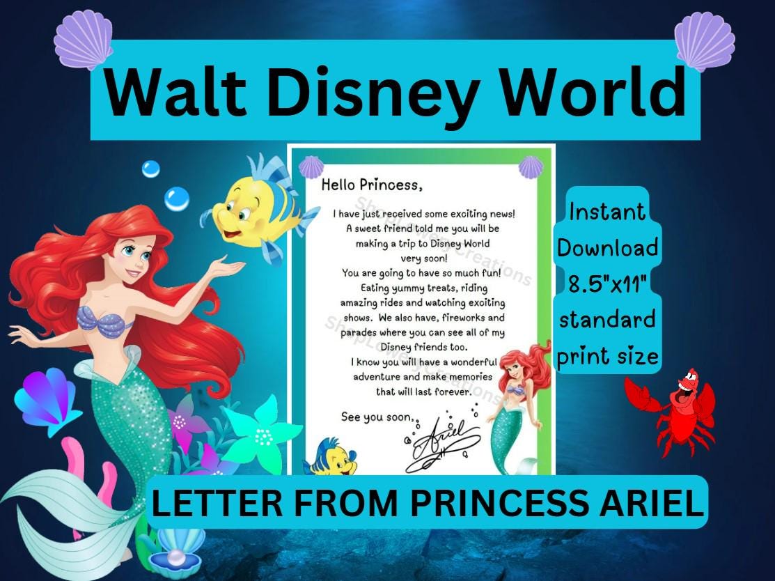 Printable Reveal WALT DISNEY WORLD Letter From Princess Ariel, Surprise ...