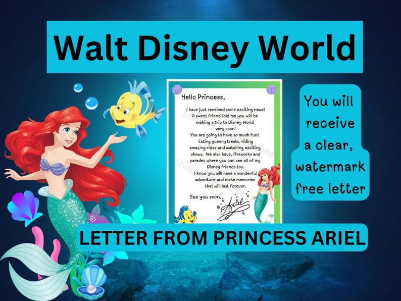 Printable Reveal WALT DISNEY WORLD Letter From Princess Ariel, Surprise ...
