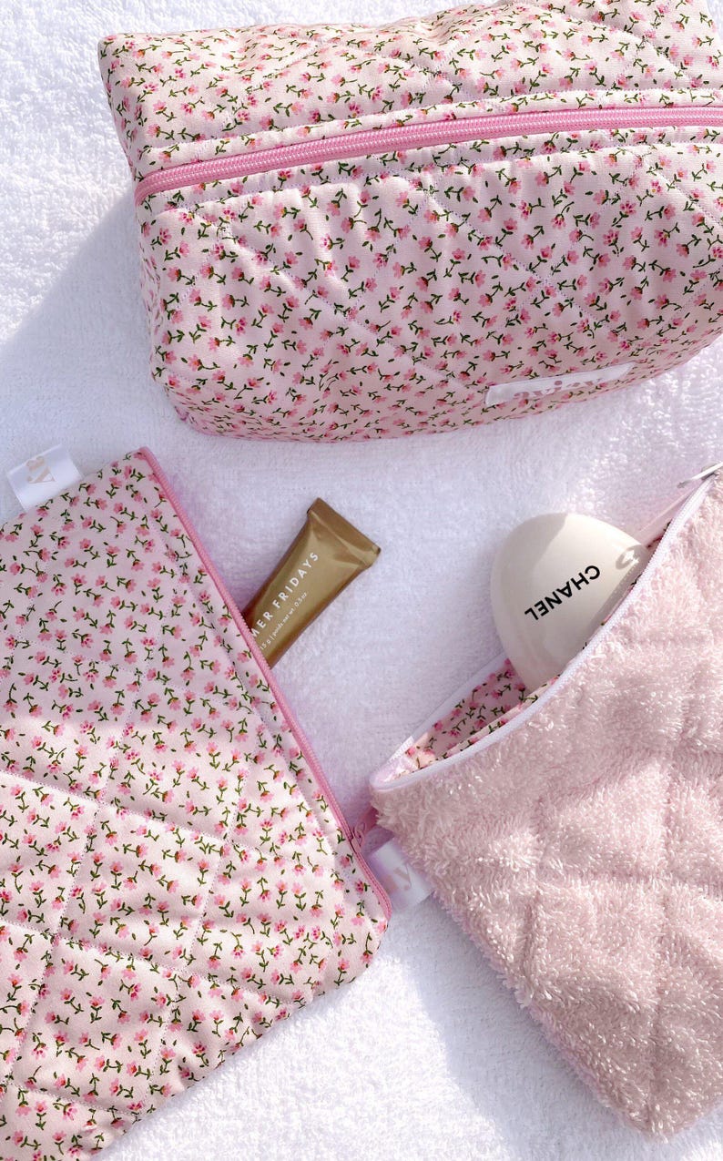 Pink Floral Small Quilted Flat Purse Pouch | Machine Washable | Makeup ...