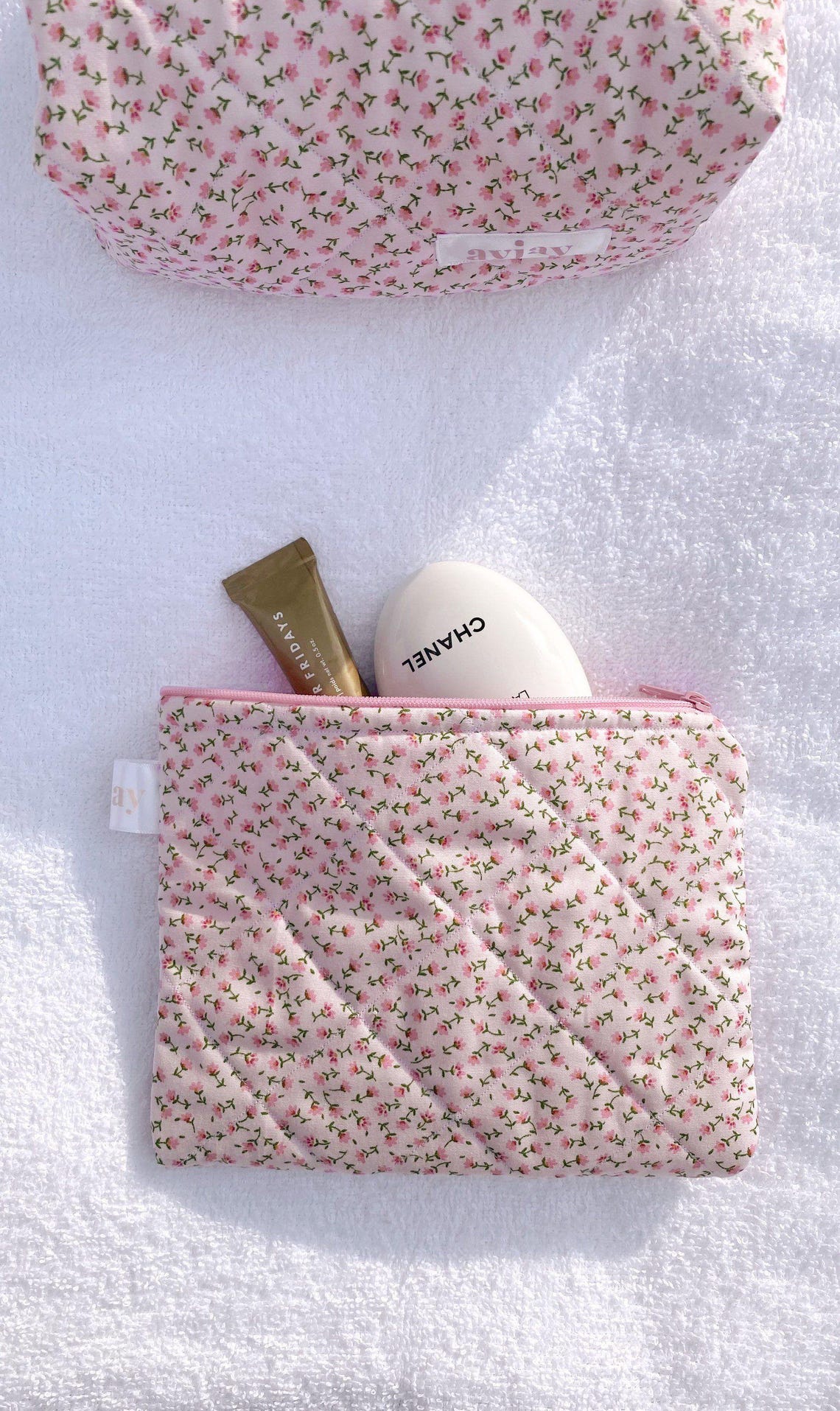 Pink Floral Small Quilted Flat Purse Pouch | Machine Washable | Makeup ...