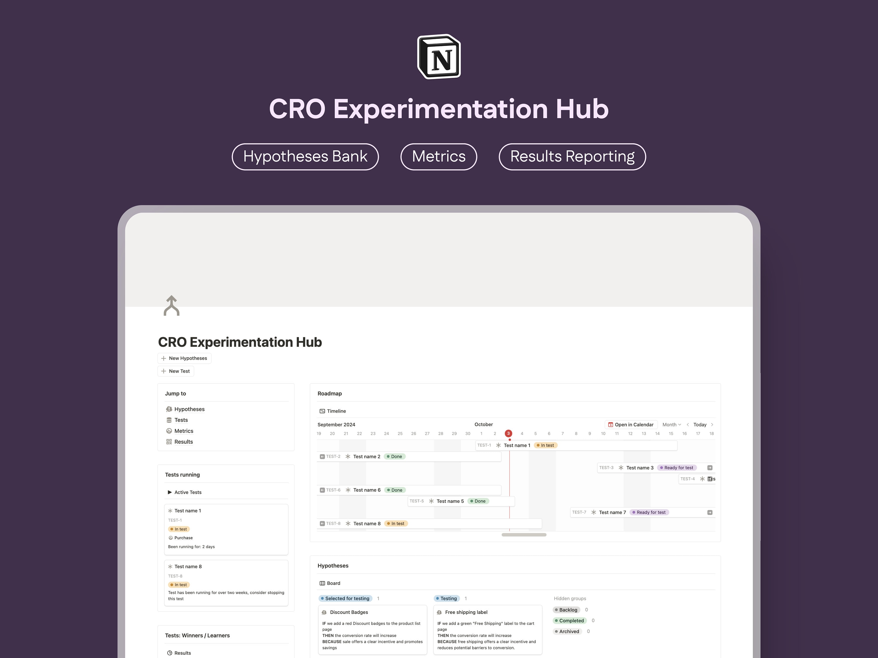 Notion CRO Experimentation & Test Hub Template, A/B Test, Hypotheses ...