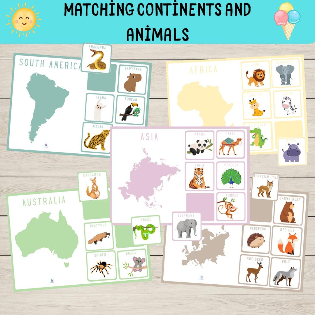 Continents and Animals Matching Activity,montessori Geography Game for ...