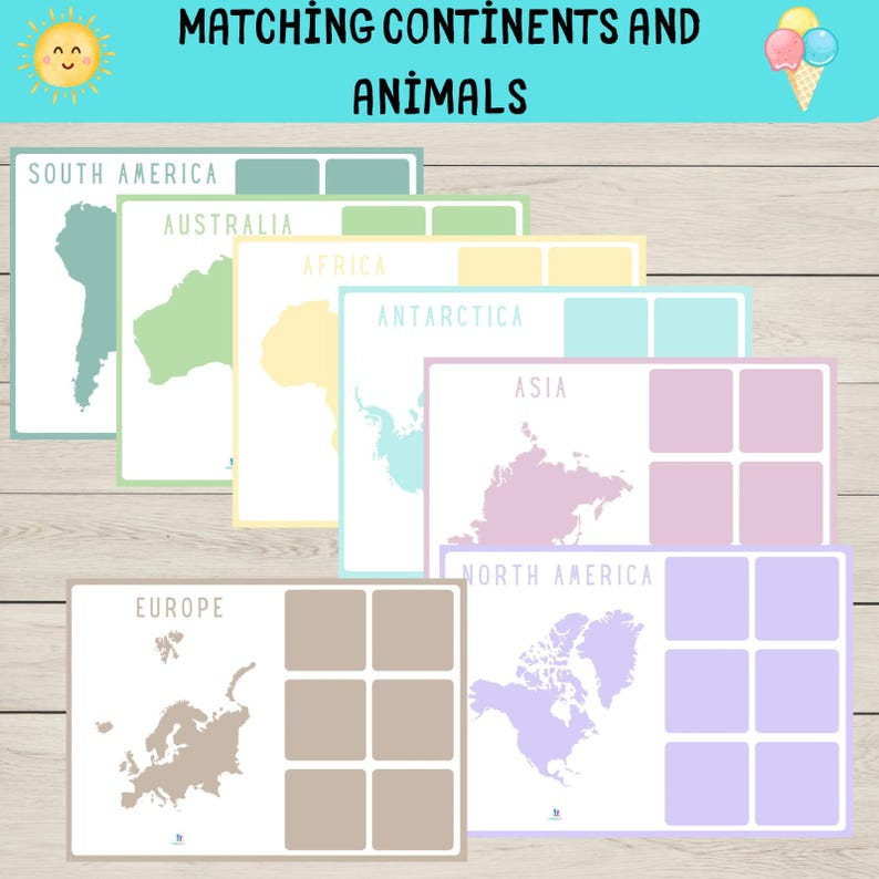 Continents and Animals Matching Activity,montessori Geography Game for ...