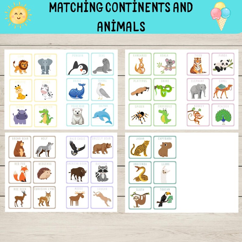 Continents and Animals Matching Activity,montessori Geography Game for ...