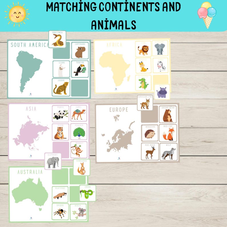 Continents and Animals Matching Activity,montessori Geography Game for ...
