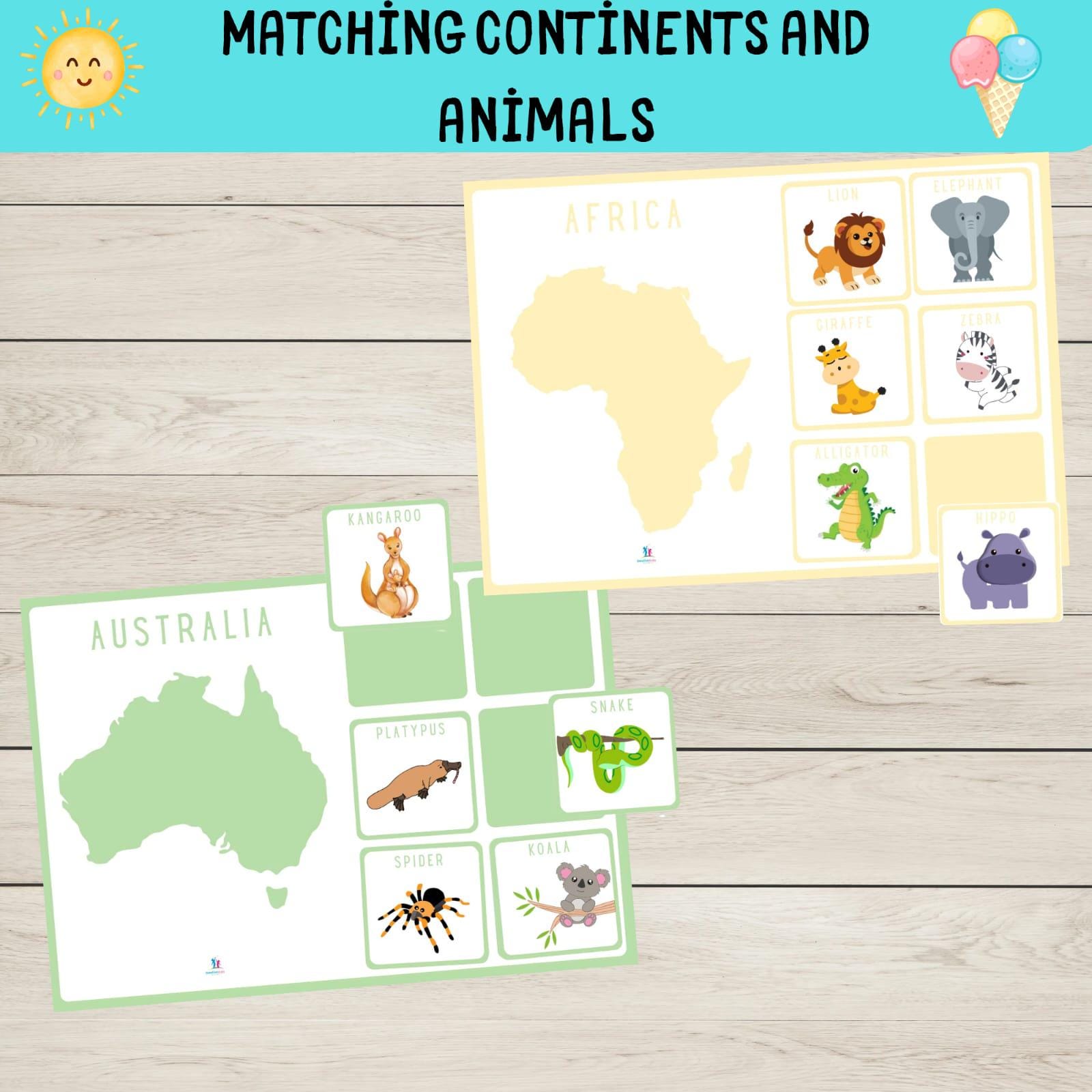 Continents and Animals Matching Activity,montessori Geography Game for ...
