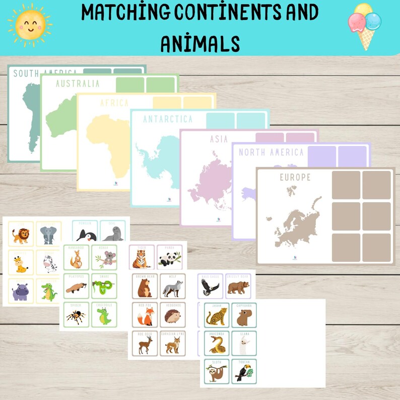 Continents and Animals Matching Activity,montessori Geography Game for ...