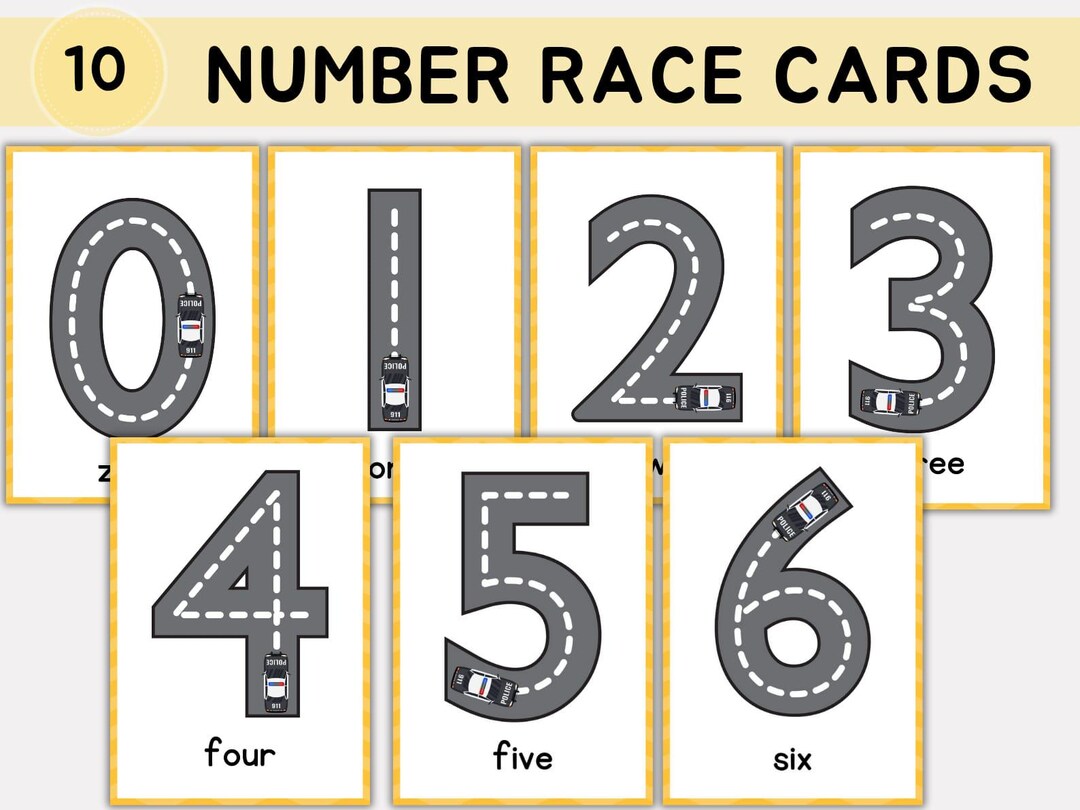 Number Racing Racetrack Number Cards, Preschool and Toddler Number Cars ...
