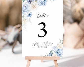 Dusty Blue Wedding Table Numbers Card Template Dusty Blue Floral Table ...