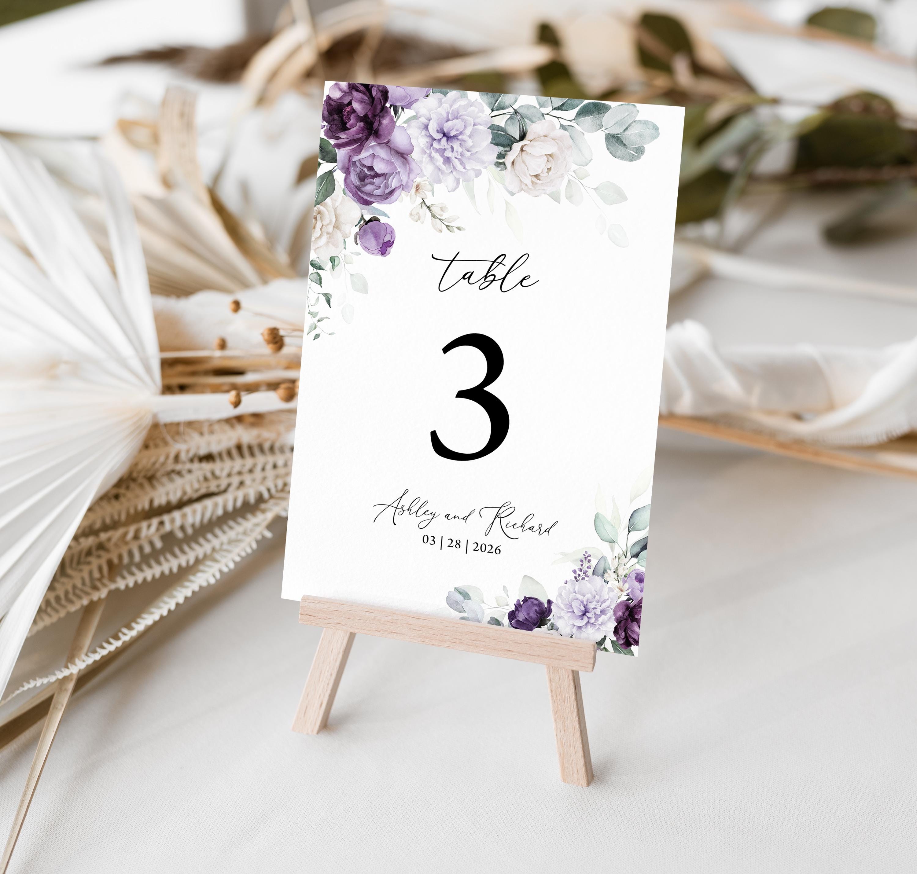 Lilac Wedding Table Numbers Card Template Purple Floral Table Numbers ...