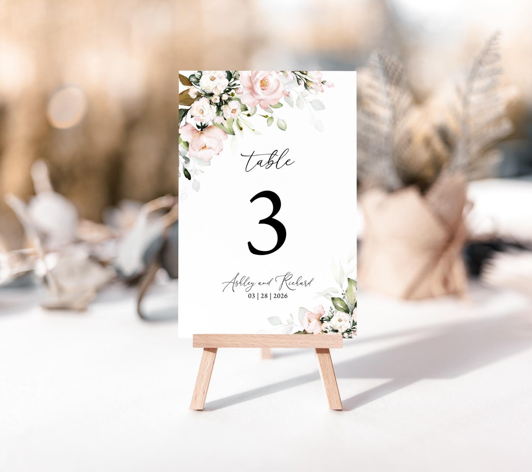 Blush Pink Floral Table Numbers Pink Flowers Wedding Table Numbers Card ...