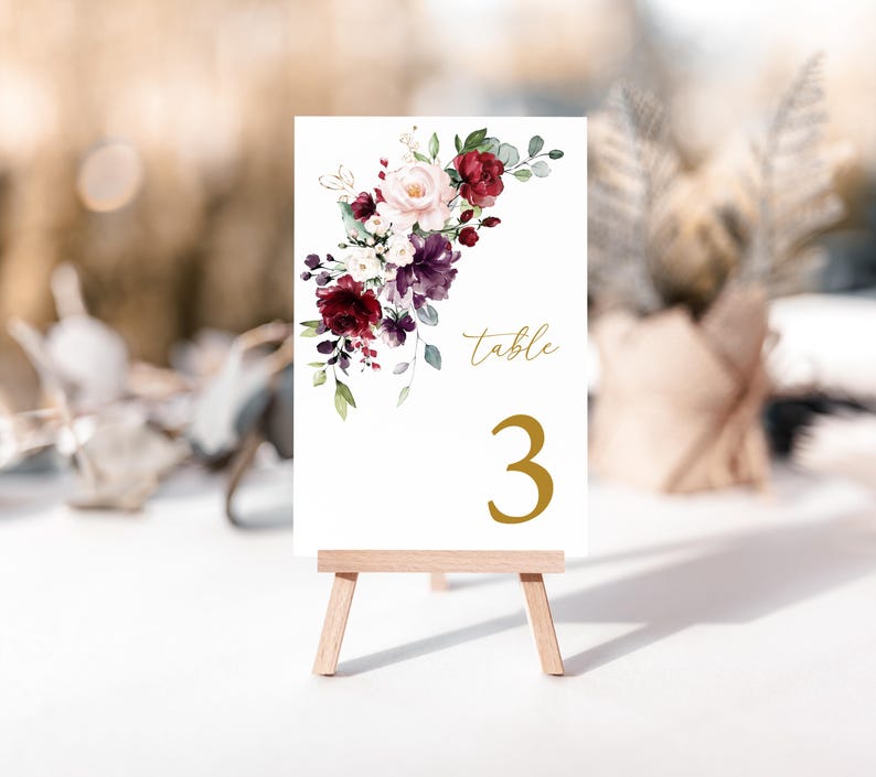 Burgundy Blush Pink Wedding Table Numbers Card Template Burgundy Floral ...