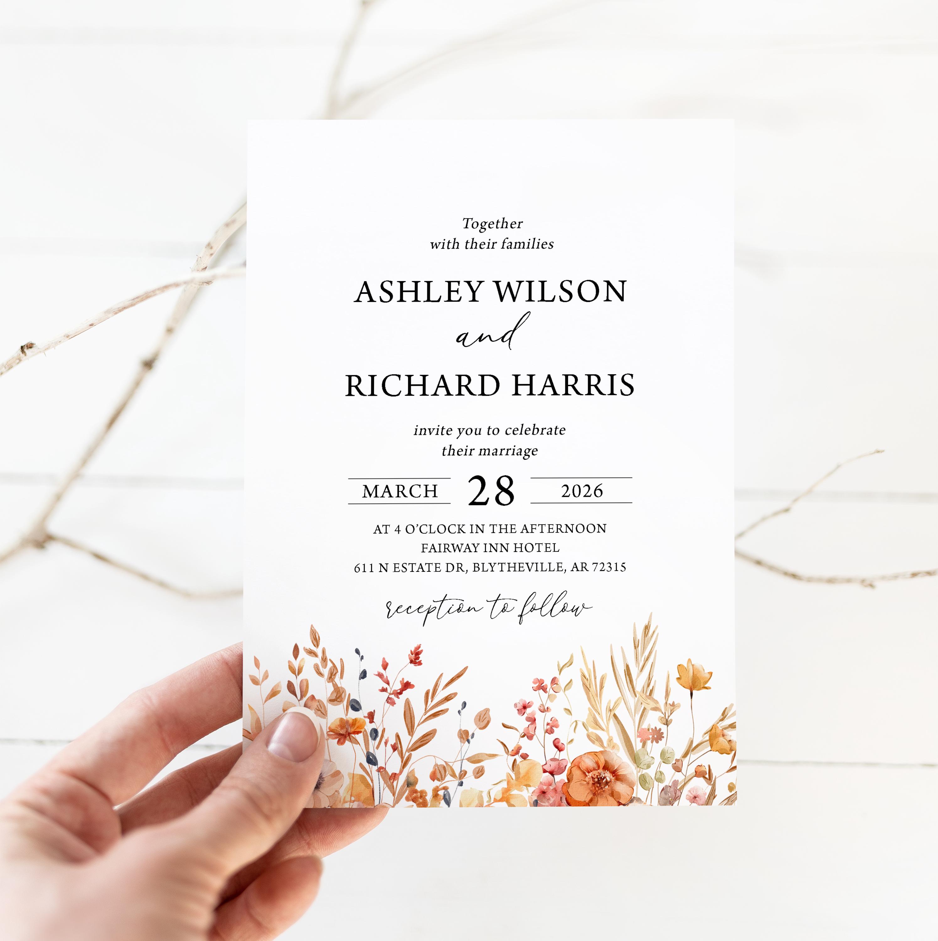 Terracotta Wedding Invitation Template Fall Floral Wedding Invitation ...