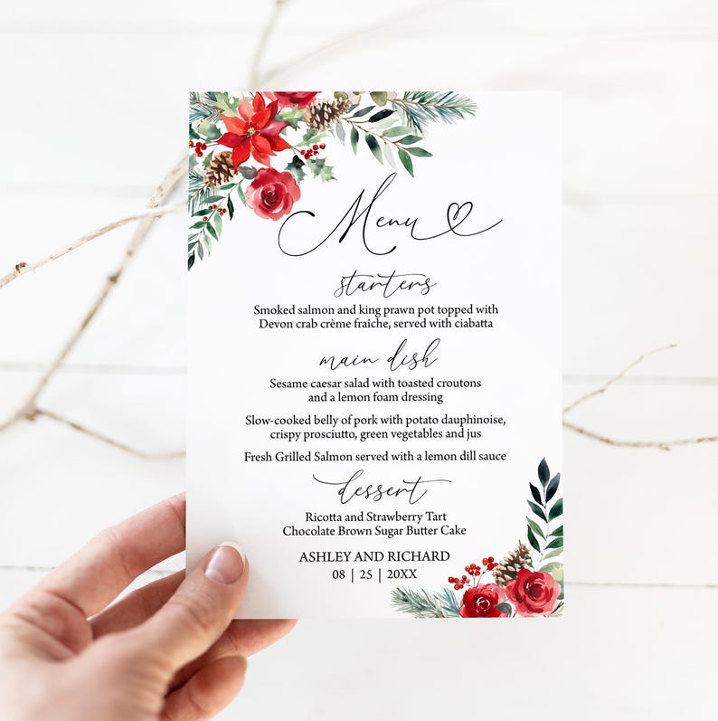 Christmas Wedding Menu Card Template Holiday Red Menu Card Editable ...
