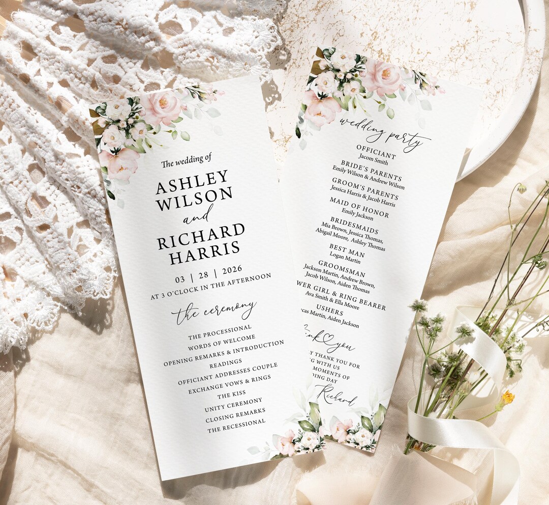Blush Pink Floral Wedding Program Template (4x9