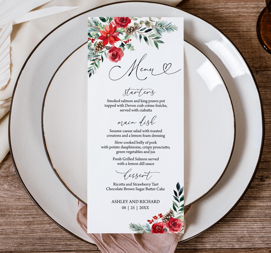 Christmas Wedding Menu Card Template Holiday Red Menu Card Editable ...