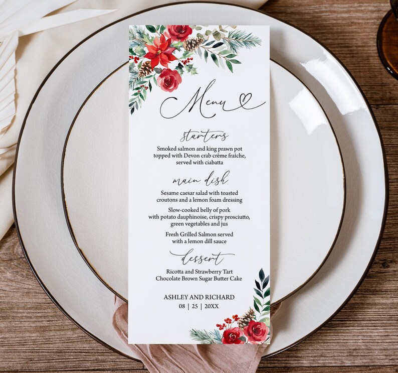 Christmas Wedding Menu Card Template Holiday Red Menu Card Editable ...