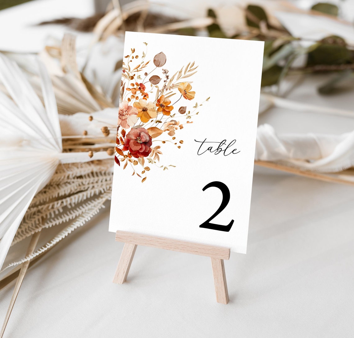 Fall Floral Wedding Table Numbers Card Template Terracotta Autumn ...