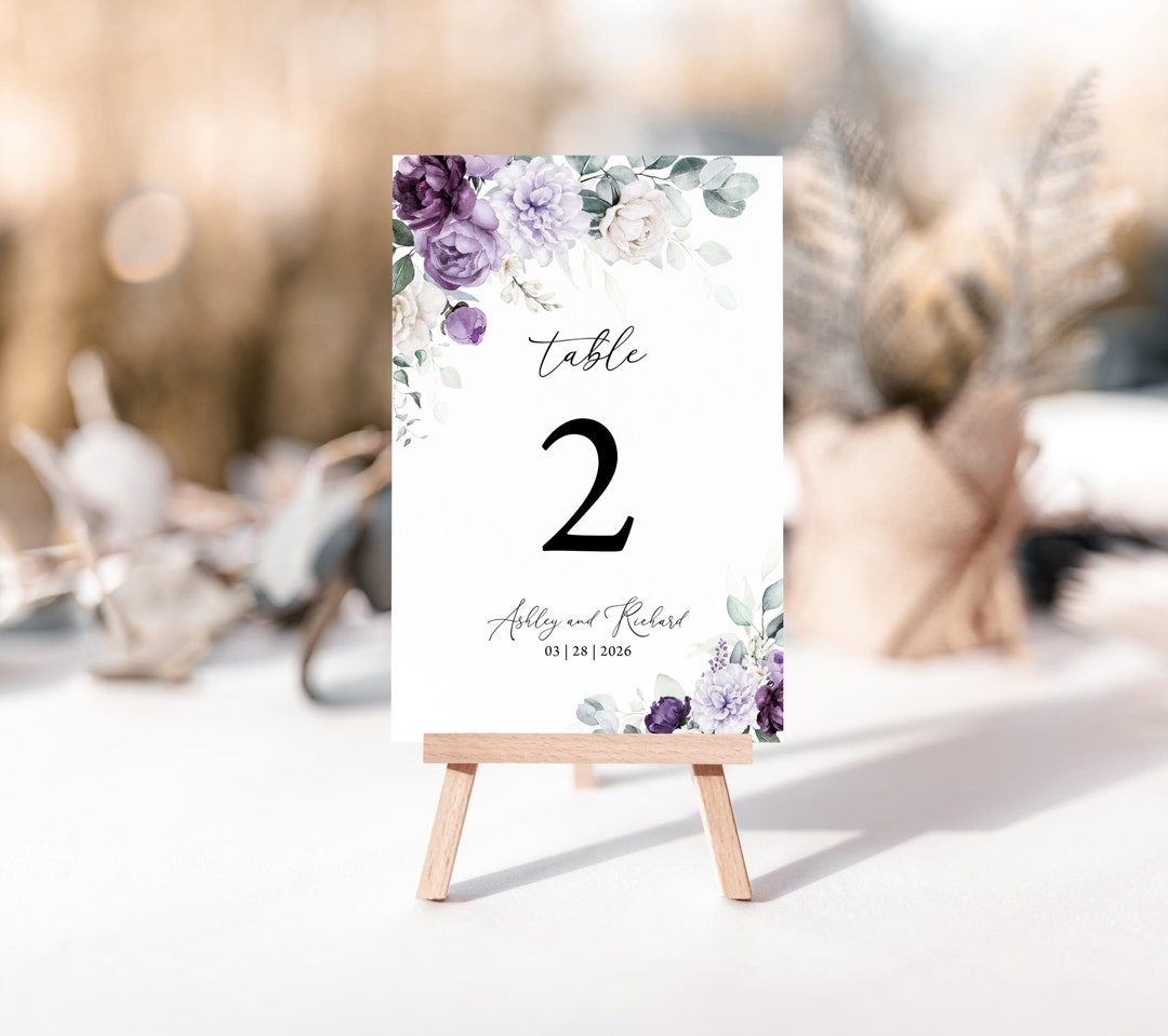 Lilac Wedding Table Numbers Card Template Purple Floral Table Numbers ...