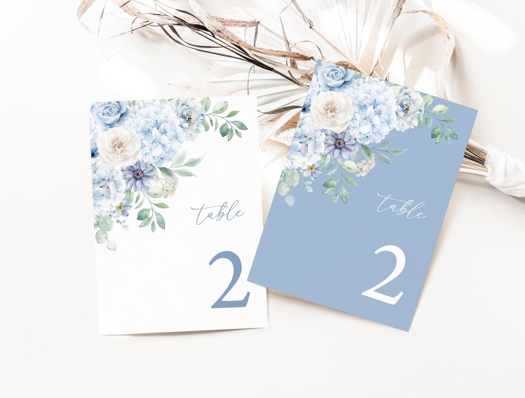 Dusty Blue Wedding Table Numbers Card Template Dusty Blue Floral Table ...