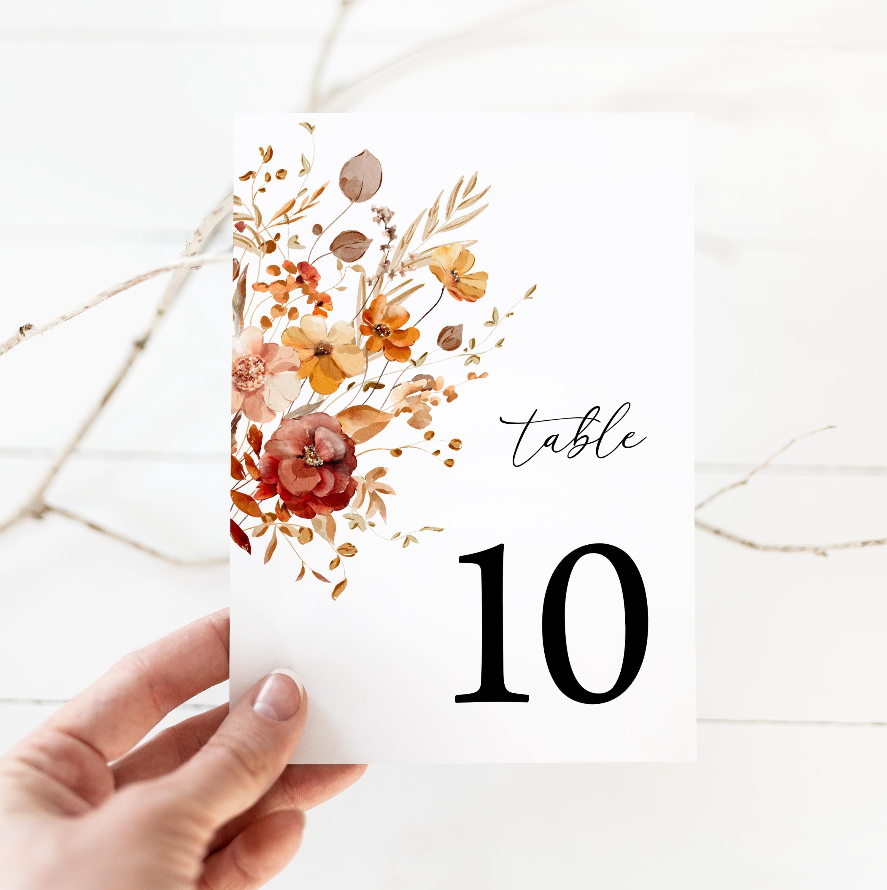 Fall Floral Wedding Table Numbers Card Template Terracotta Autumn ...