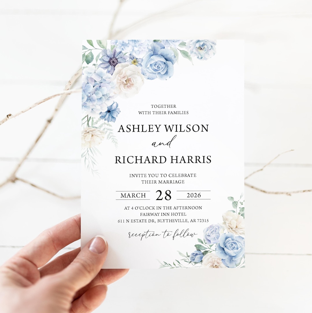 Dusty Blue Floral Wedding Invitation: Elegant Editable Design - Etsy