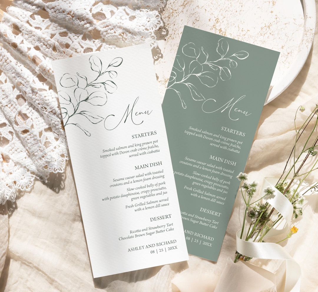 Sage Green Wedding Menu Cards Template Eucalyptus Reception Menu ...