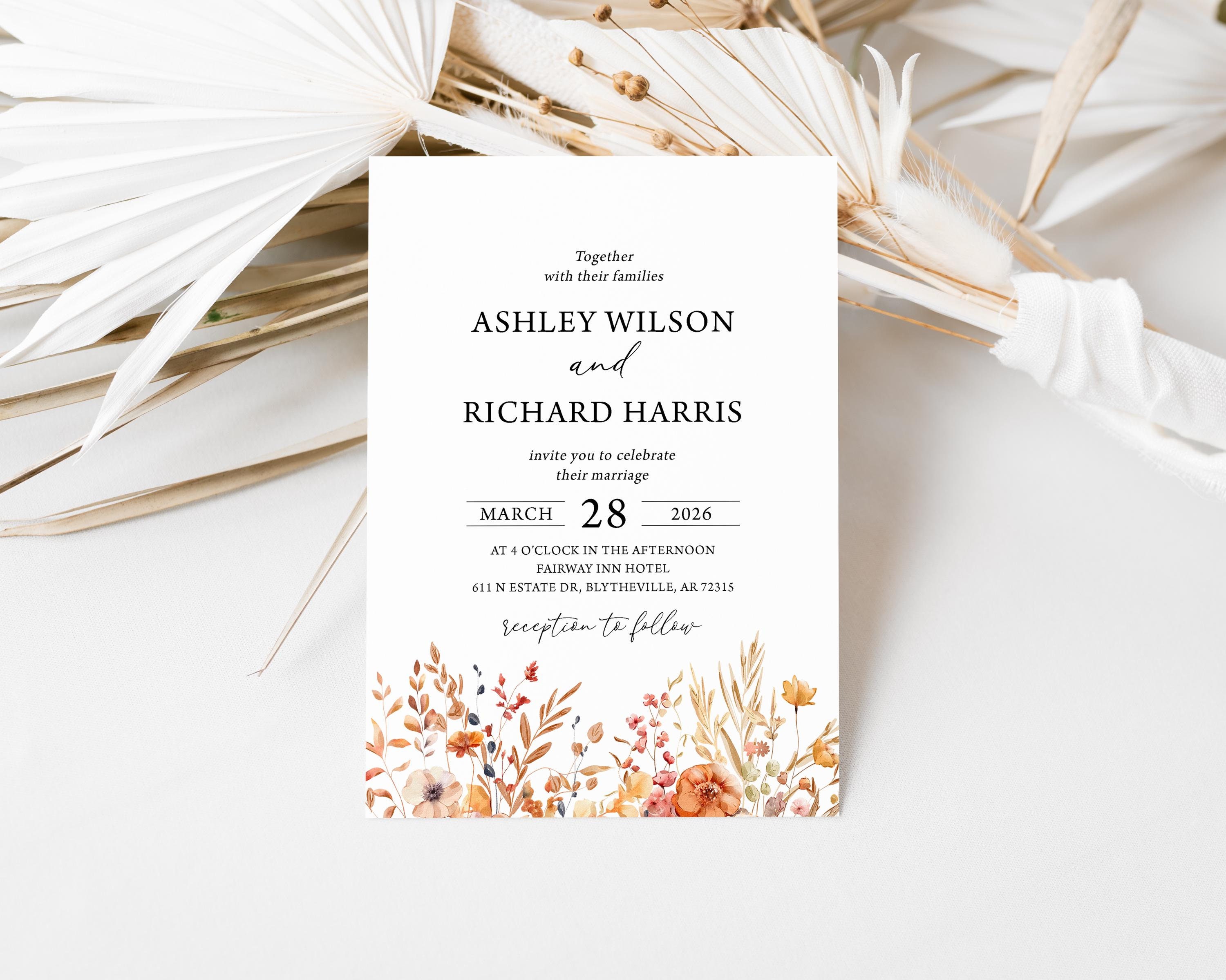 Terracotta Wedding Invitation Template Fall Floral Wedding Invitation ...