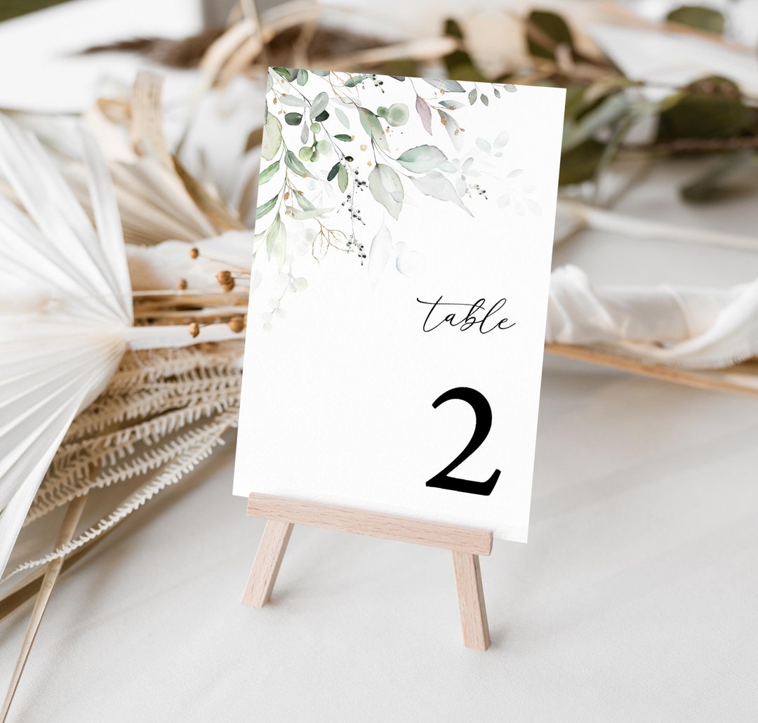 Greenery Wedding Table Numbers Card Template Sage Green Table Numbers ...