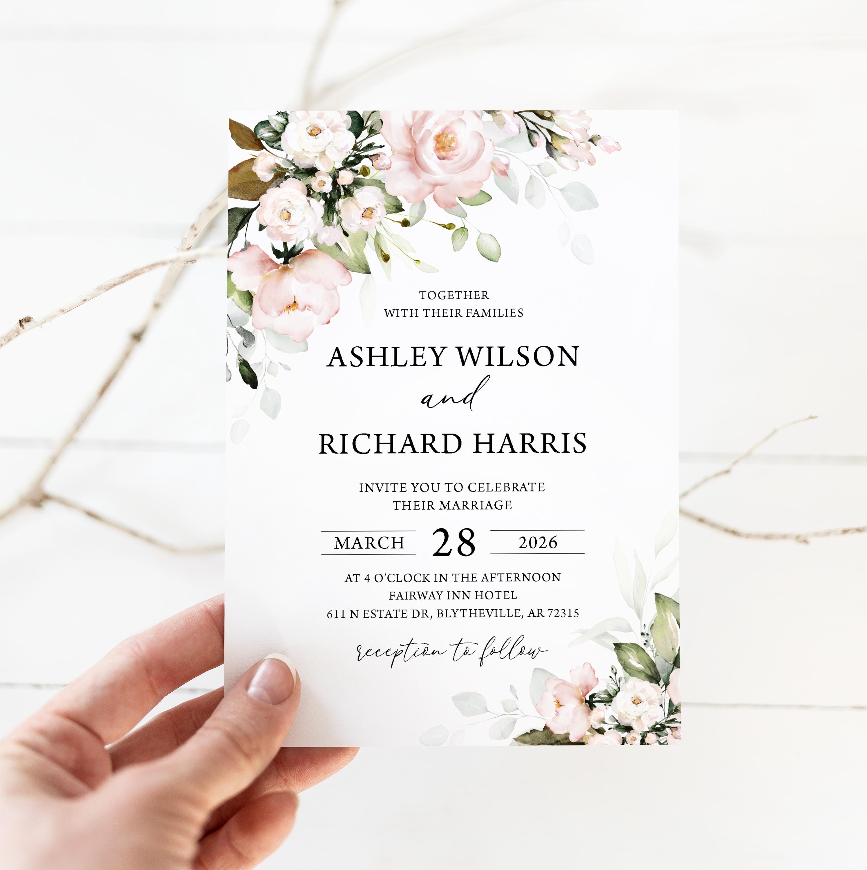 Blush Pink Wedding Invitation Template Pink Flowers Wedding Invitation ...