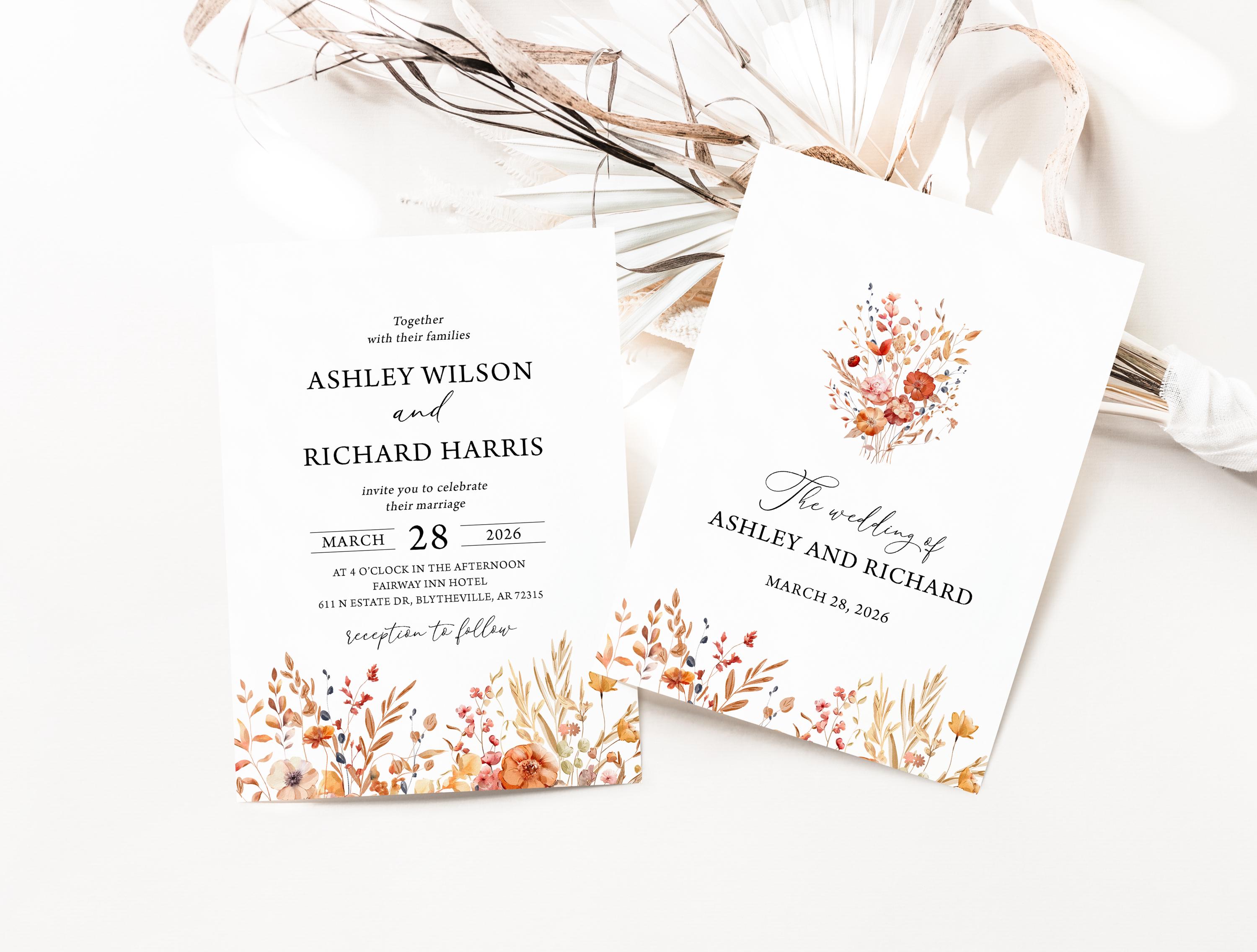 Terracotta Wedding Invitation Template Fall Floral Wedding Invitation ...