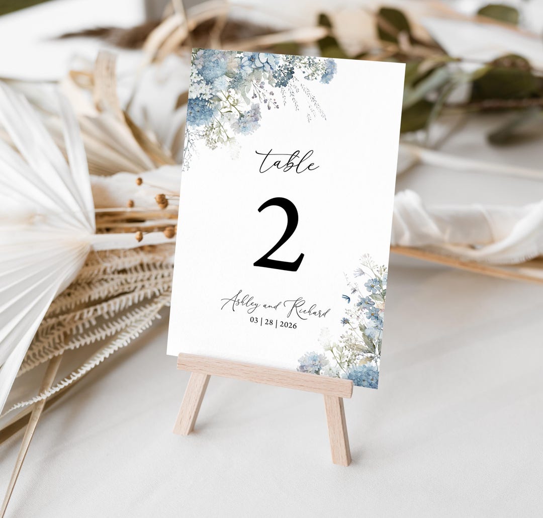 Dusty Blue Wedding Table Numbers Card Template Dusty Blue Floral Table ...