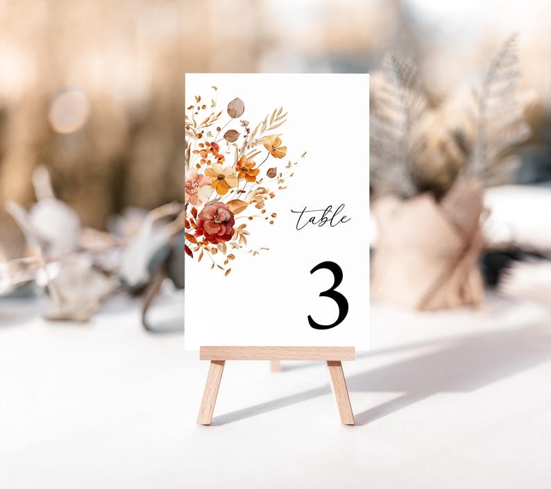 Fall Floral Wedding Table Numbers Card Template Terracotta Autumn ...