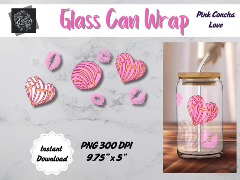 Pink Concha Love Glass Can Wrap PNG, 16oz Libbey Glass Cup Tumbler Wrap ...