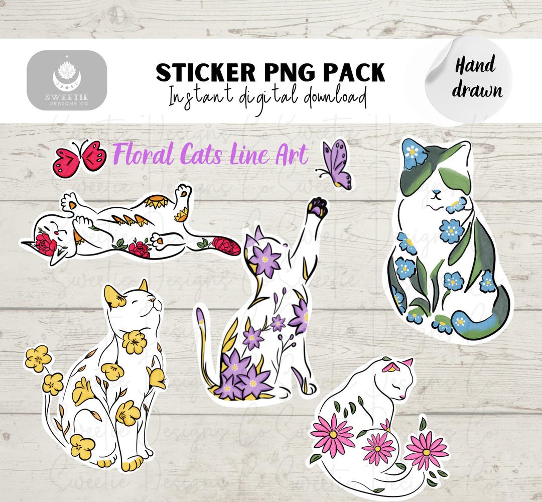 Floral Cat Stickers: Hand-drawn Line Art PNG (digital Download - Etsy