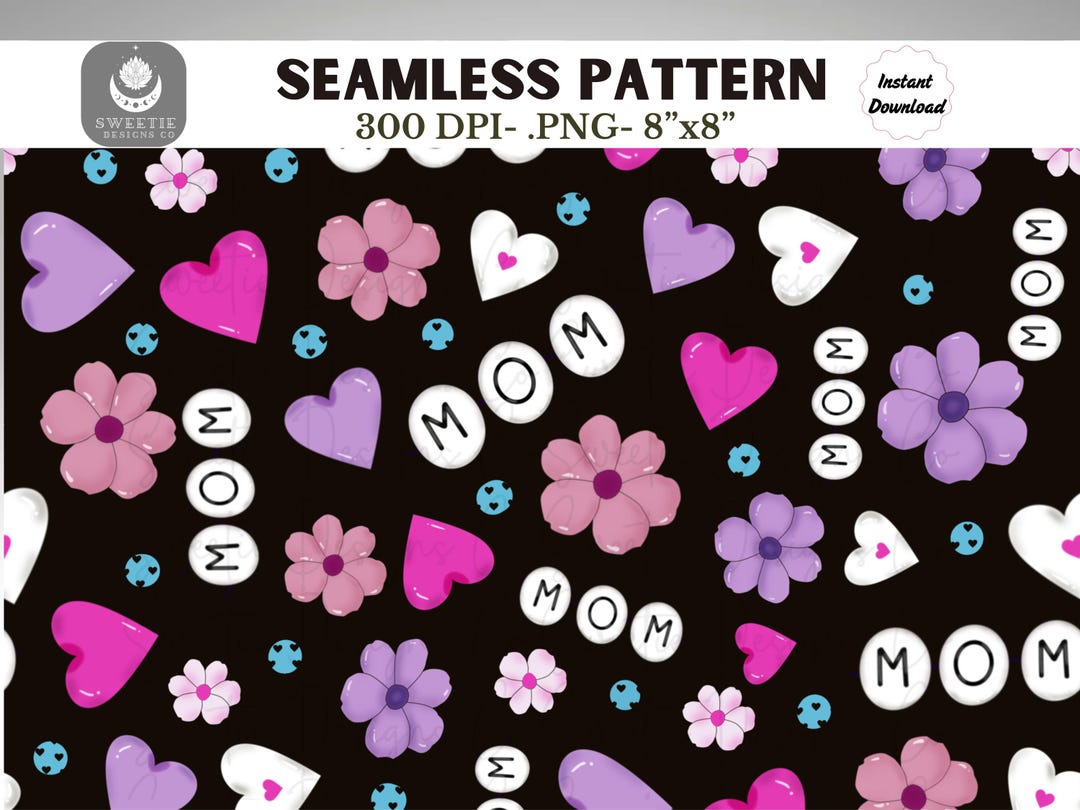 Mom Hearts Seamless Pattern: Purple Pink Flowers (PNG Digital Download ...