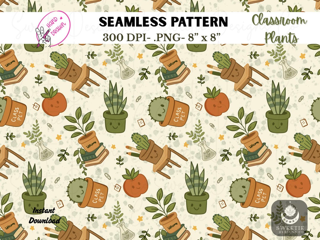Classroom Plants Seamless Pattern, PNG, Back to School, Teacher, Kawaii ...