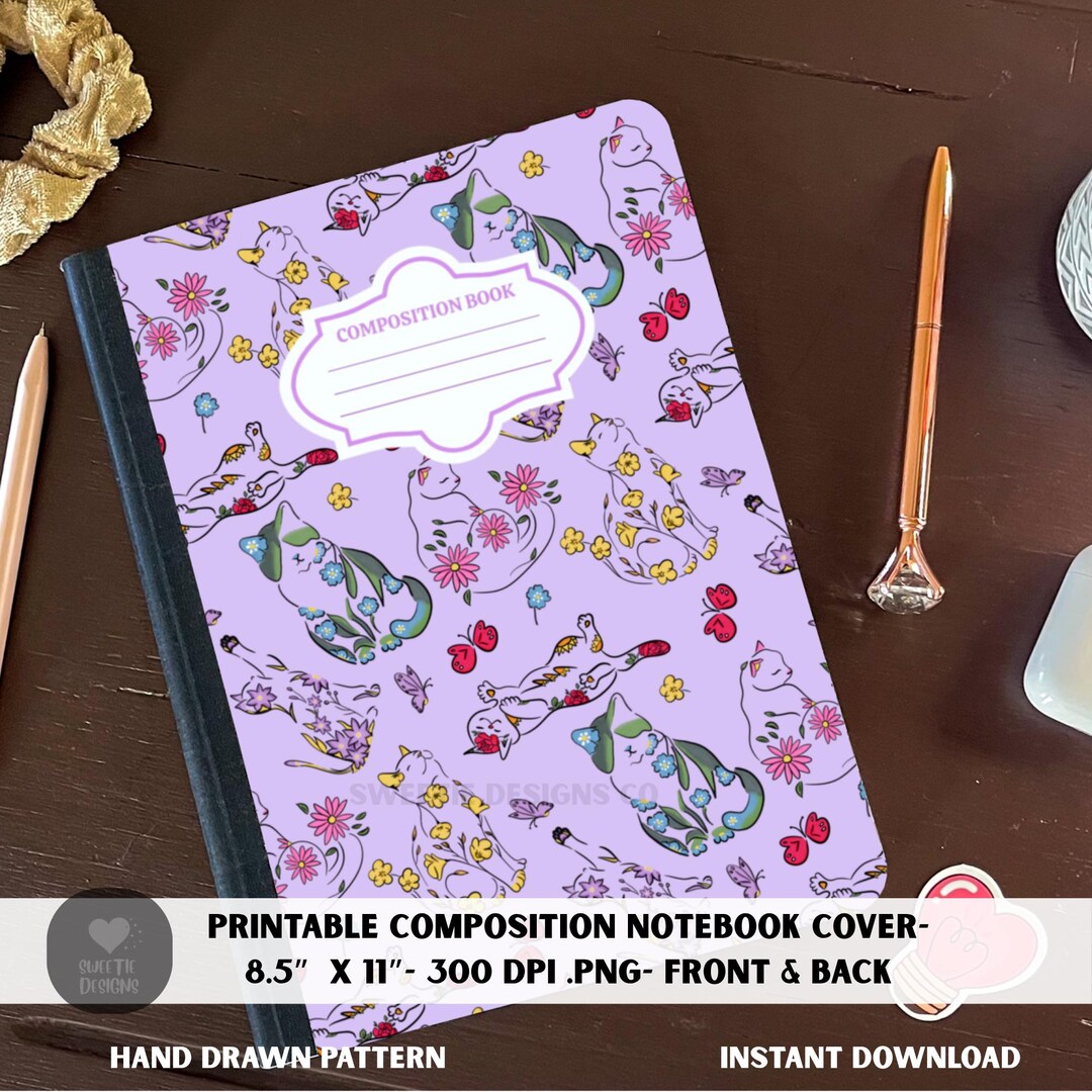 Cat Floral Notebook Cover Printable: Hand-drawn PNG (digital Download 8 ...
