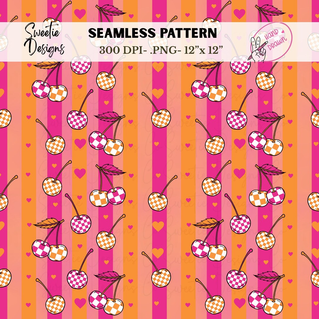 Checkered Cherries Striped Seamless PNG Digital Pattern Orange Pink ...