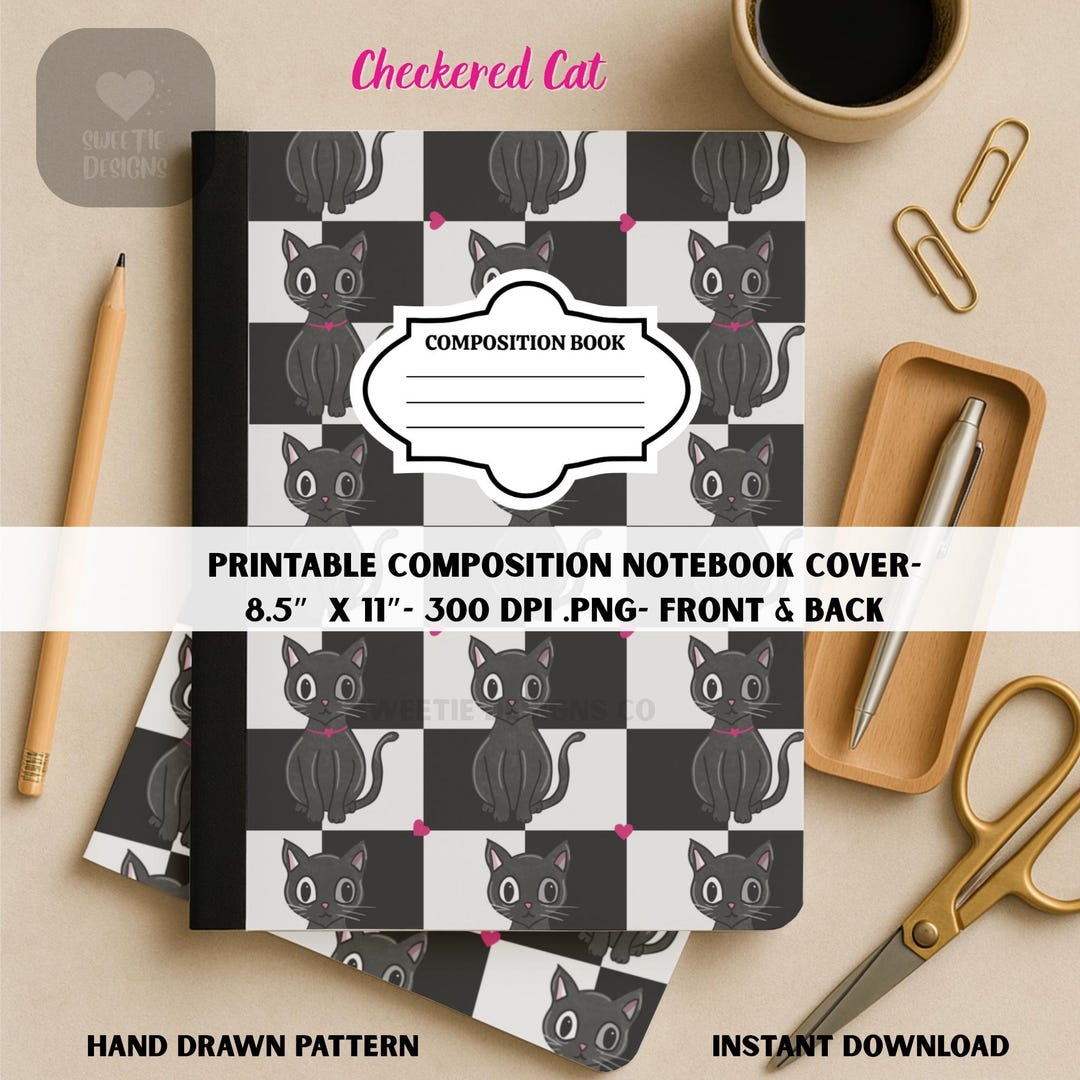 Checkered Cat Notebook Cover Printable: Trendy Back to School Design ...