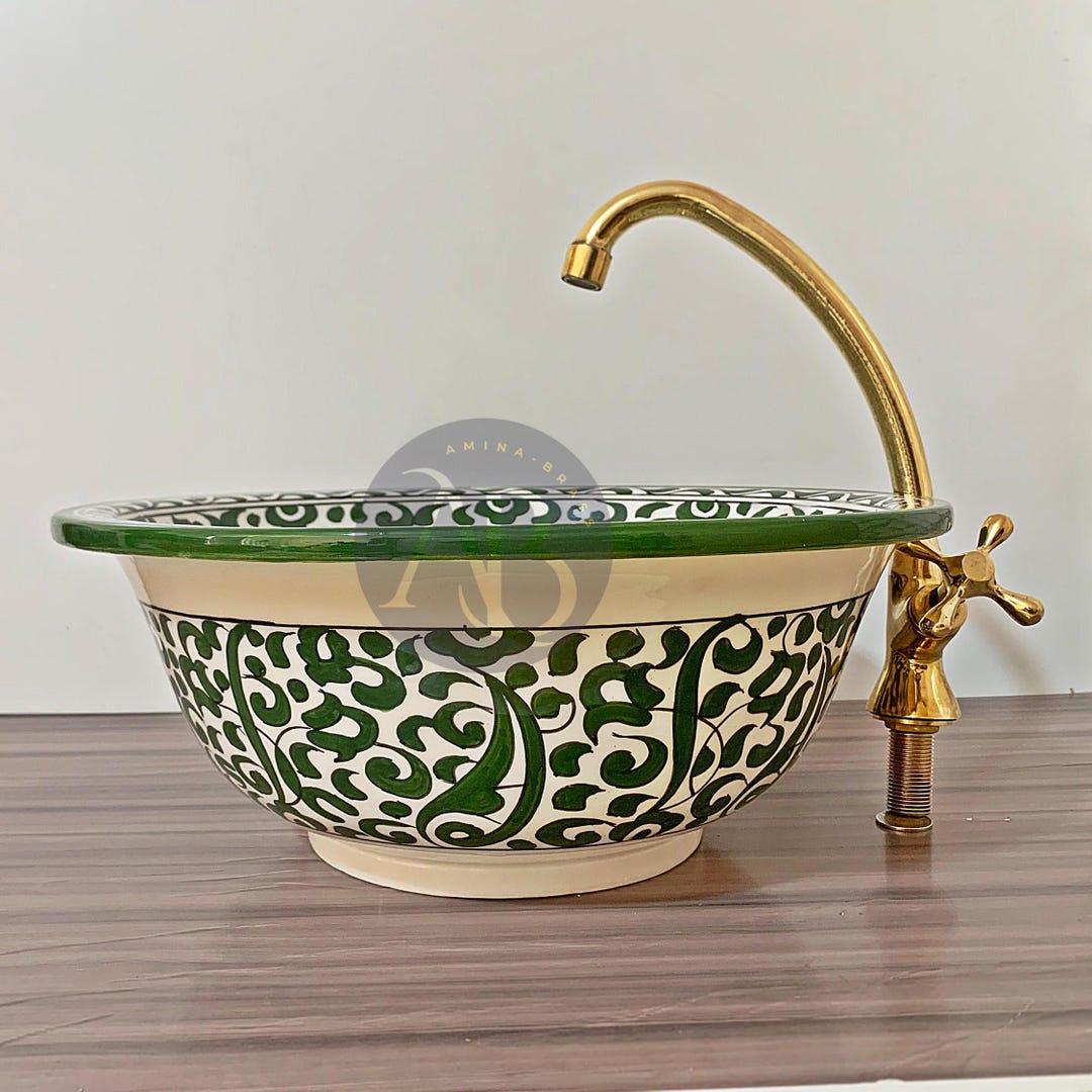 Green Washbasin Sink Floral Ceramic Handmade Sink Moroccan Washbasin b1 ...