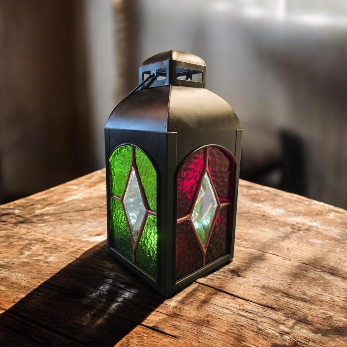 Custom Stained Glass Black Metal Lantern Shown in Red & Green Hammered ...