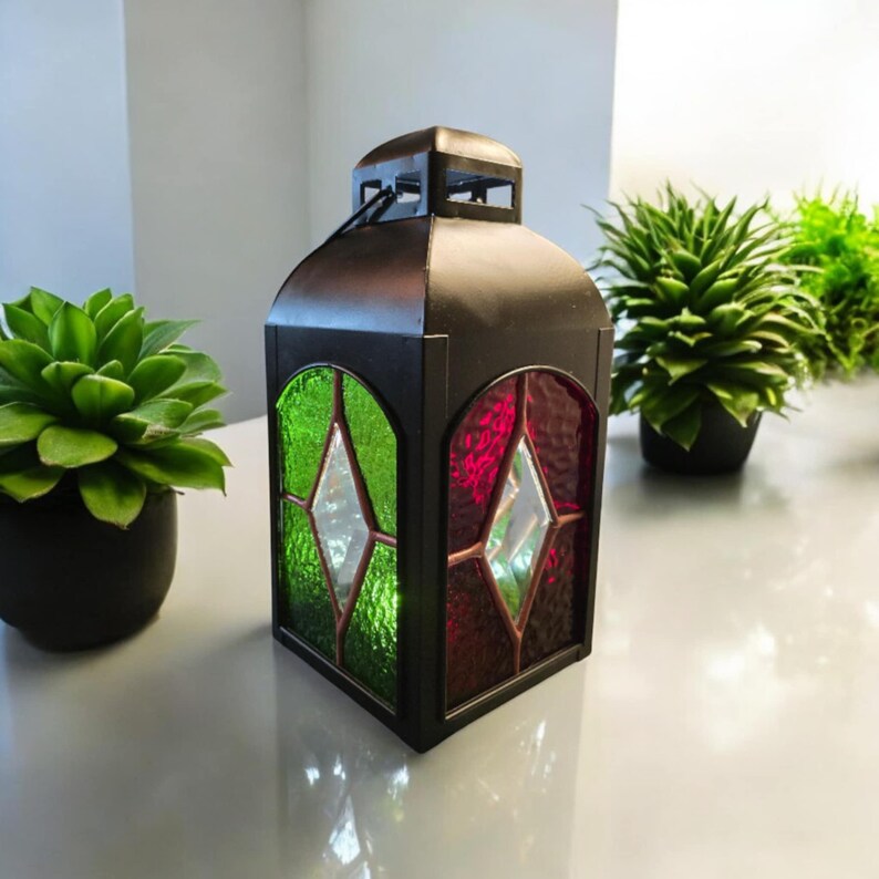 Custom Stained Glass Black Metal Lantern Shown in Red & Green Hammered ...