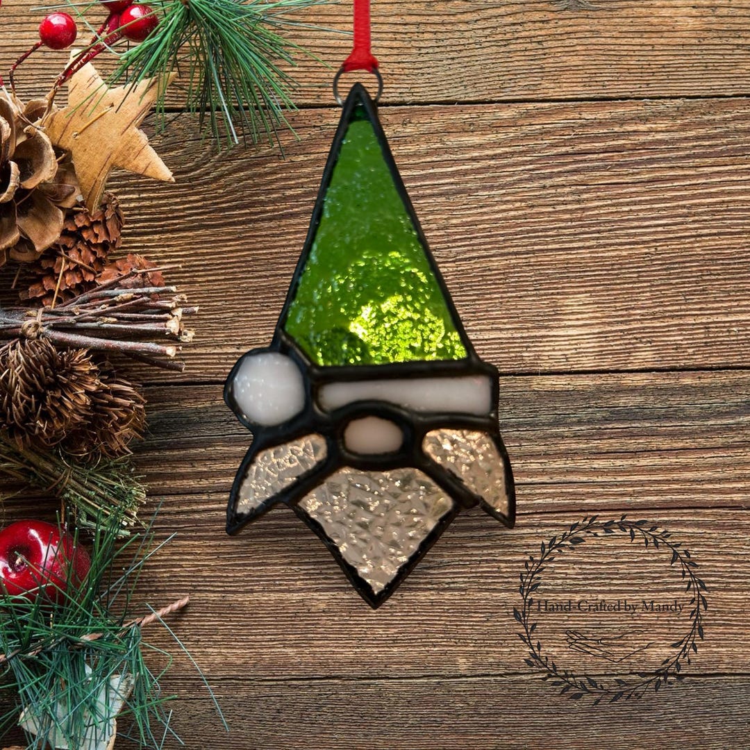 Geometric Santa Gnome, Stained Glass Christmas Tree Ornament - Handmade ...