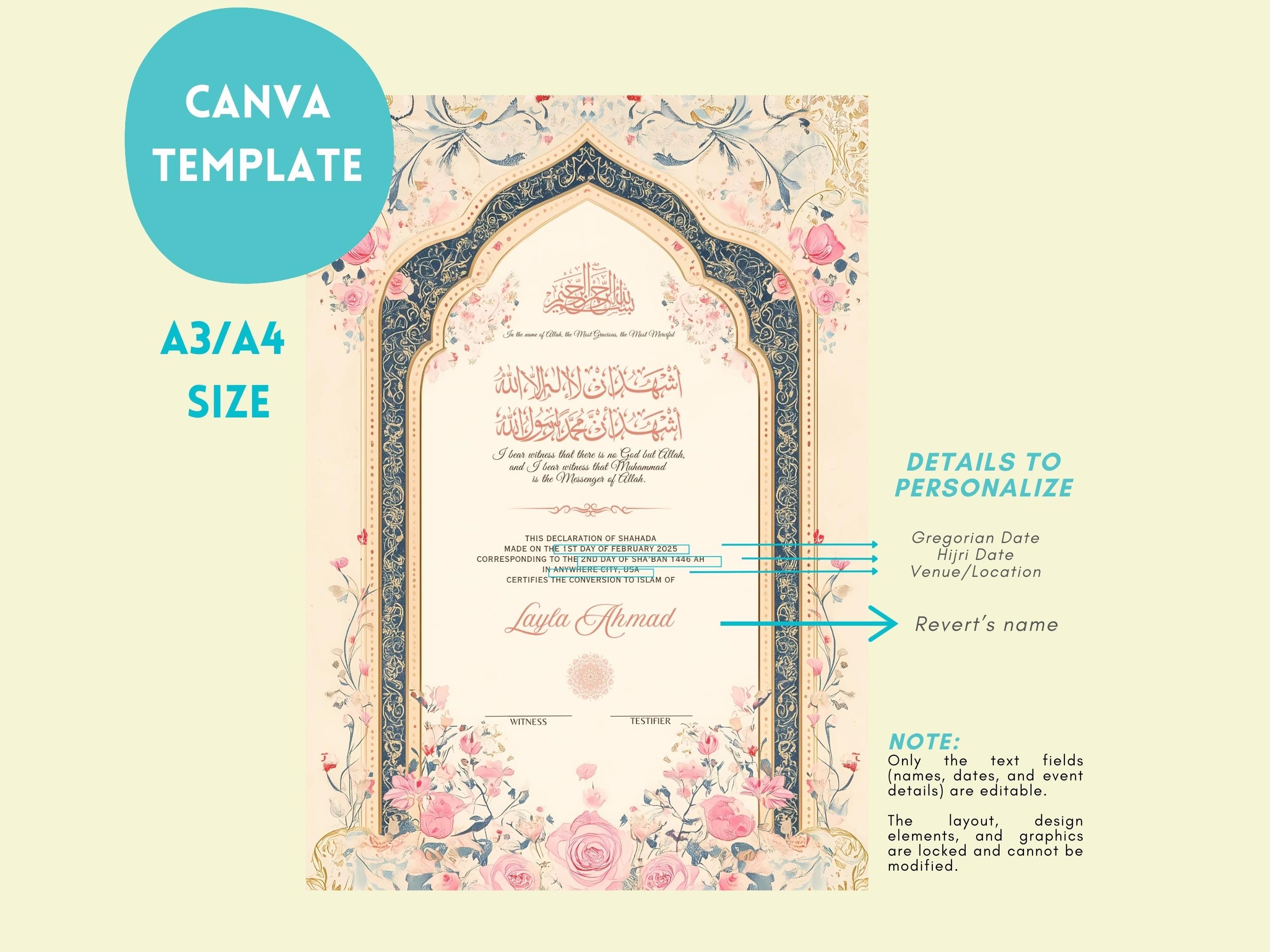 Muslim Revert Certificate Printable Shahada Certificate Pink Islamic ...
