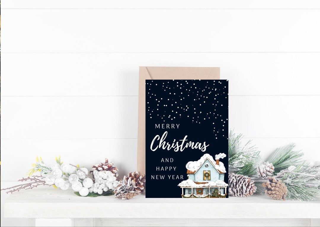 Merry Christmas Card With Snow and House/home - Etsy